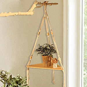 Generic Macrame Hanging Shelf Shelf Rustic White Handmade Corner Rope Shelf for, 32.5cmx23.5cmx75cm, Beige