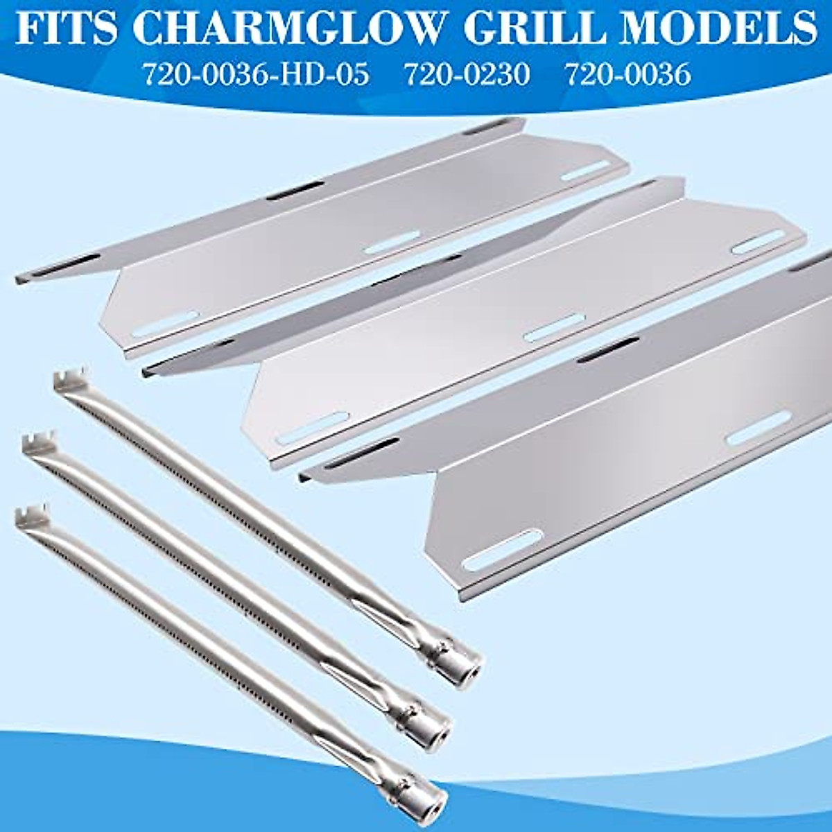 Hipoilk Replacement Parts for Charmglow 720-0036-HD-05 720-0230 Grill Parts for Nexgrill 720-0025 720-0083-04R Sterling Forge 720-0016, Stainless Steel Grill Burner Tube, Heat Plates Tent Shield
