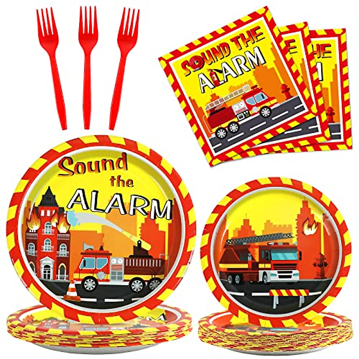 25 Guests Firetruck Birthday Party Decorations Fireman Plates and Napkins for Firefighter Party Supplies Fire Truck Birthday Theme Disposable Dinnerware Set for Kids Fireman Firefighter Party Favors