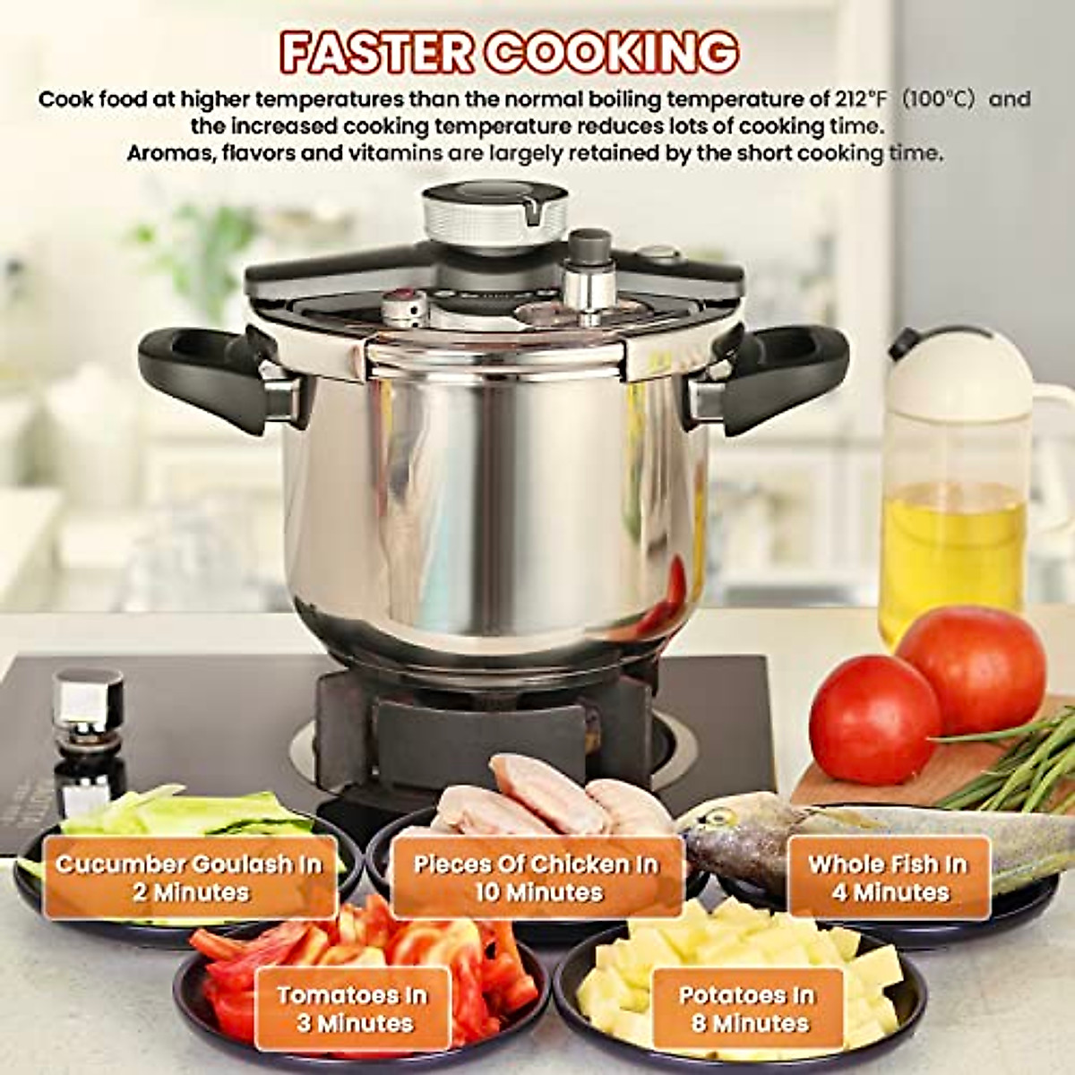 WEHOME Pressure Cooker，6.3-Quart Kitchen Pressure Cooker，Suitable for Induction and Stove-top，304 Stainless Steel Cookware with Easy Opening&Closing Lid，Triple Safety Valve Design (6.3-Quart)