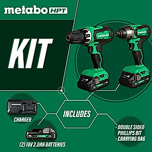 Metabo HPT 18V MultiVolt Hammer Drill and Impact Driver Combo Kit | Cordless | 2-2.0Ah Li-Ion Batteries w/Fuel Gauge | Lifetime Tool Warranty | KC18DFX