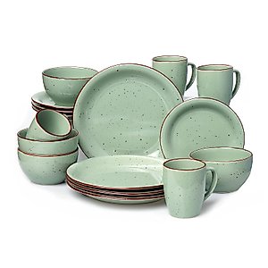 Sinouso 16 Piece Stoneware Dinnerware Set, Dinnerware Set for 4, Plates and Bowls Sets, Plates, Bowls, Cups, Microwave Dishwasher Safe, Service for 4 (Green Dot)