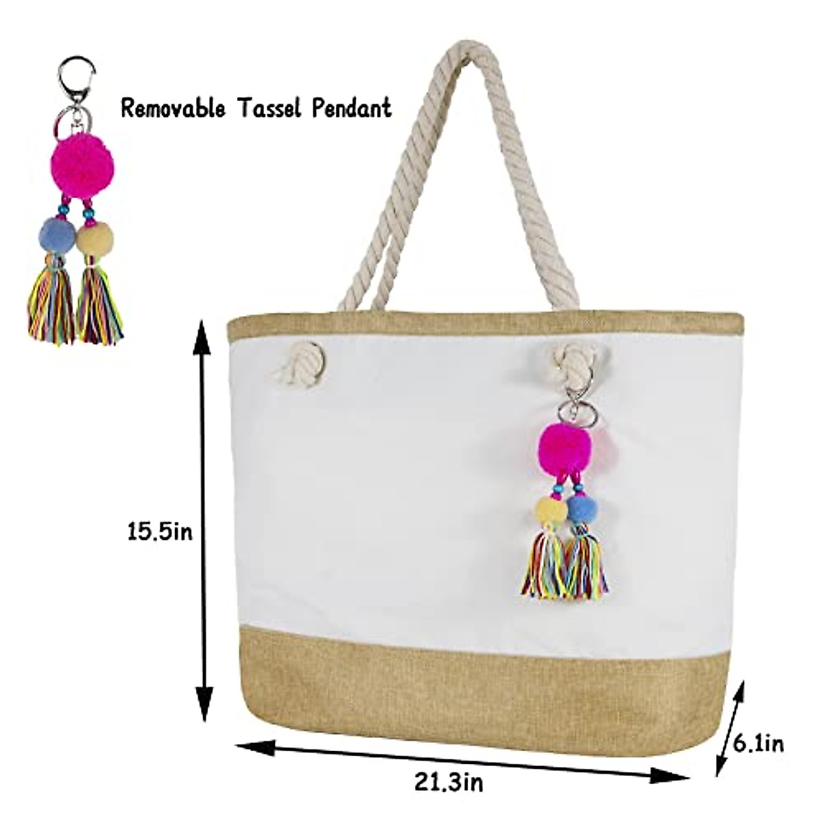 Hibala Large Beach Bag Beach Tote Weaving Shoulder Bag Tassel Bag Handbag with Pockets Zippers for Family Beach Vacation (Classic Tassel)