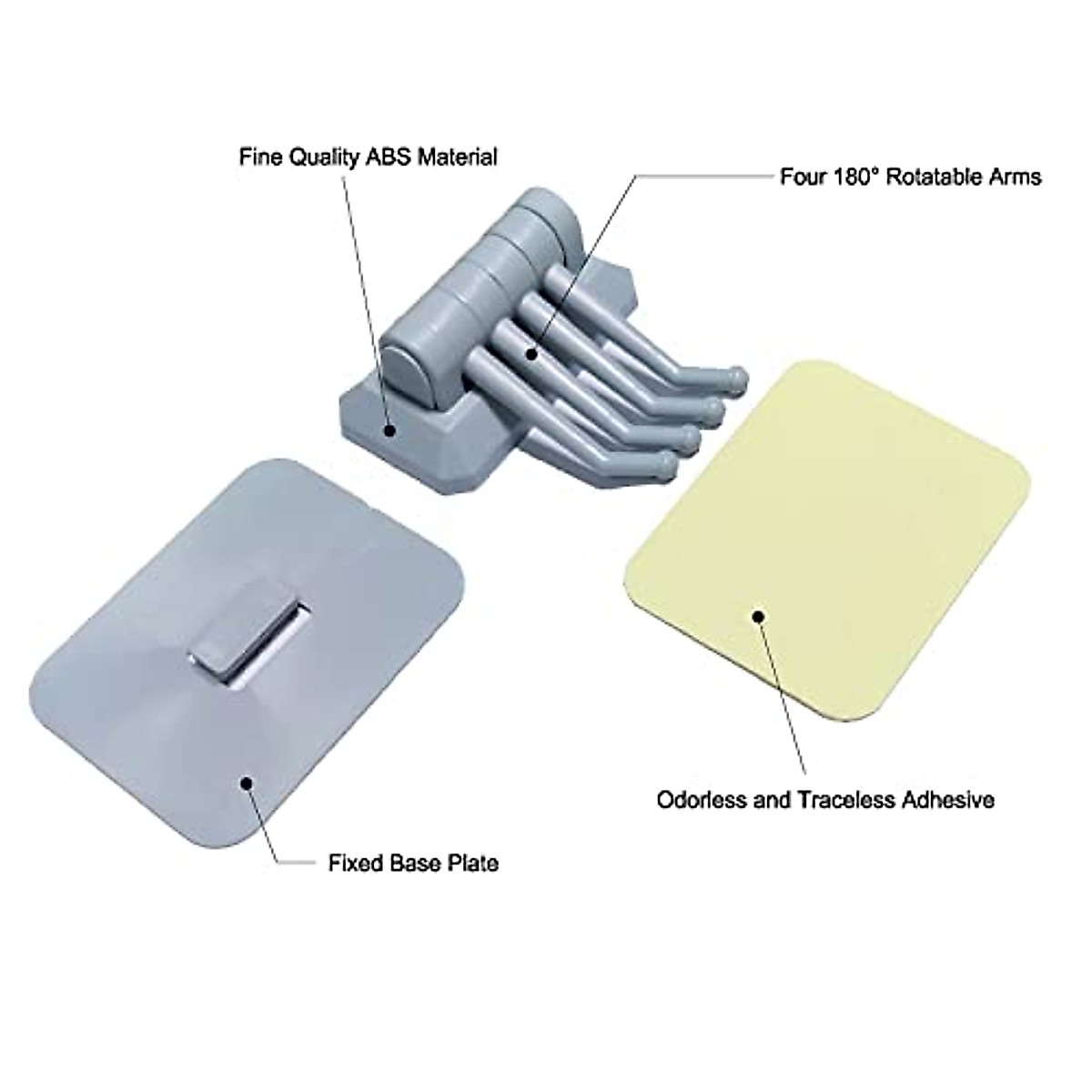 Fineget Wall Hooks for Hanging Towel Adhesive Bathroom Kitchen Hooks 4 Rotatable Arms Rectangle Sticky Hooks Grey 2 Pairs