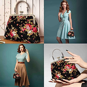 Abuyall Floral Top Handle Handbag Chain Strap Women Kiss Lock Canvas Frame Shoulder Bag Black
