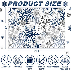 Tinideya Christmas Area Rug 5 x 7 ft Blue Snowflakes Winter Area Rug for Indoors Washable Blue Silver Xmas Door Mat Holiday Decor Carpet for Christmas Kitchen Living Room Bathroom Decor