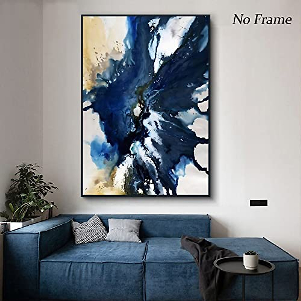 Navy Blue and Gold Paintings Blue White and Gold Canvas Wall Art Modern Navy Blue Art Abstract Blue Watercolor Painting Dark Blue Abstract Art Print Blue White Yellow Modern Artwork 16x24inch No Frame