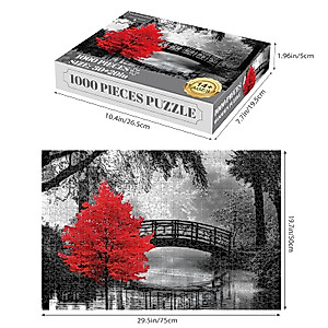 najiaxiaowu Adult Puzzle Classic Jigsaw Puzzle 1000 Pieces Wooden Puzzle DIY Black and White Bridge and Red Tree Modern Home Decor Intellectual Game Wall Art Unique Gift 75x50cm