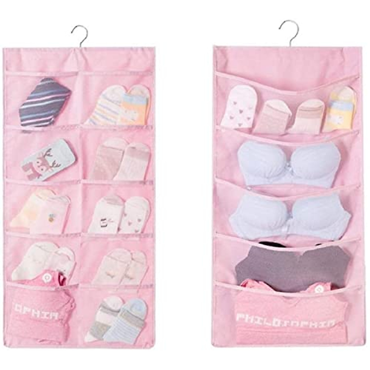 Storage Hanging Bag, Dual-Sided Hanging Bra Storage Organizer with Metal Hanger, Dual-Sided Hanging Storage Organiser for Underwear, Panties,Stocking,Bra and Sock (Expand 5+10 Pockets, Pink)