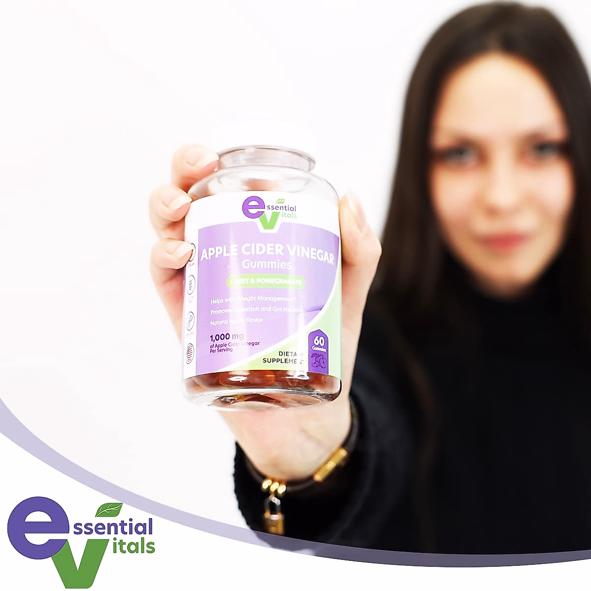 Essential Vitals - Apple Cider Vinegar Gummy Vitamins - 60 Count - (Vegan, Gluten-Free, Non-GMO, Vitamin B6, B12, Beetroot, Pomegranate)