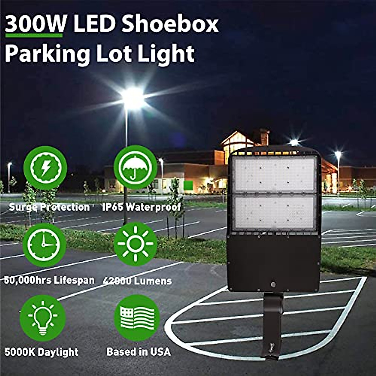 300W LED Parking Lot Pole Lights Adjustable Arms Mount with Photocell, Surge Protection Built-in LED Shoebox Lights 42000LM 5000K IP65 Waterproof Outdoor Commercial Area Street Lighting