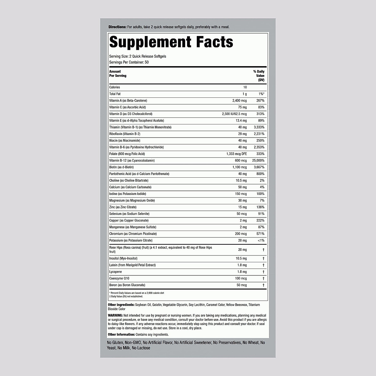 Piping Rock Multivitamin for Men and Women | 100 Softgels | Daily Vitamins and Minerals | with Vitamin D3 and Zinc | Non-GMO, Gluten Free Supplement