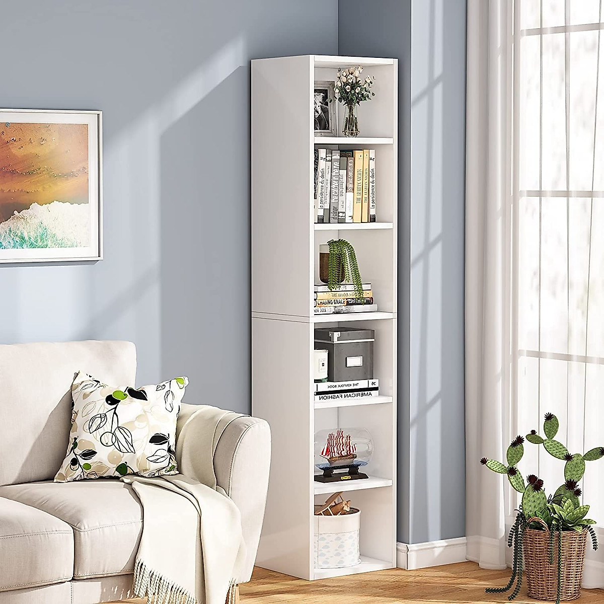 Unknown1 70.9 Inch Tall Narrow Bookcace 6 Tier Open Bookshelf White Classic MDF Glossy