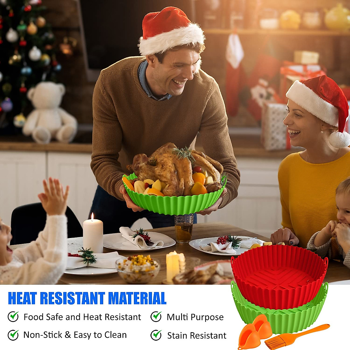 Air Fryer Liners with Oven Mitts and Pastry Brush – 7.5 x 7.5 x 2.5 Inches Reusable Air Fryer Liners Silicone Set with Basting Brush and Oven Gloves – Durable Silicone Material