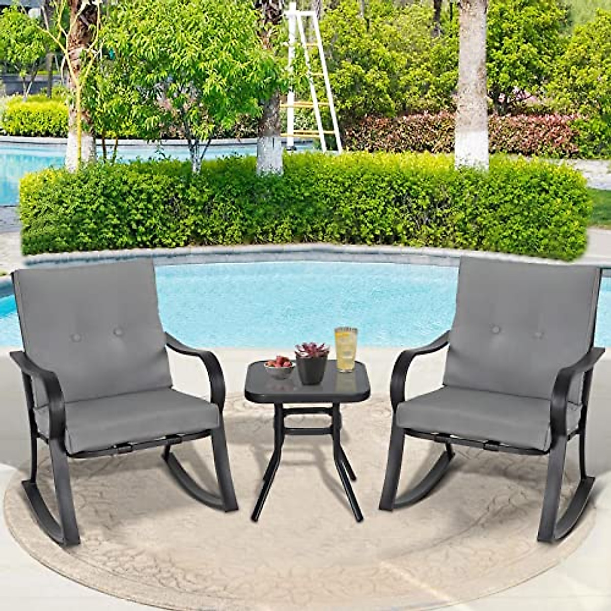 Omelaza 3 Pieces Outdoor Rocking Bistro Set, Patio Steel Furniture, Porch Chairs Conversation Set with Thickened Cushion and Glass Top Coffee Table (Grey)