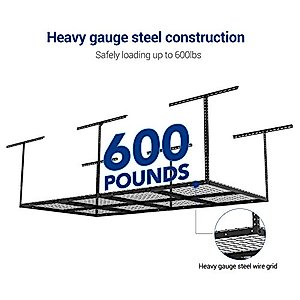 FLEXIMOUNTS 4x8 Overhead Garage Storage Rack w/Hooks Adjustable Ceiling Storage Rack, 96" Length x 48" Width x 40" Height, 22''-40" Ceiling Dropdown, Black