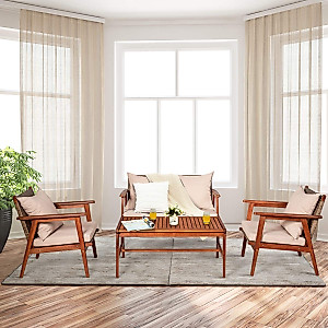 Tangkula 4 PCS Patio Wood Sofa Set, Outdoor Acacia Wood Seating Chat Set with Cushions & Coffee Table, Sectional Conversation Sofa Set for Garden, Backyard, Poolside (1, Brown)