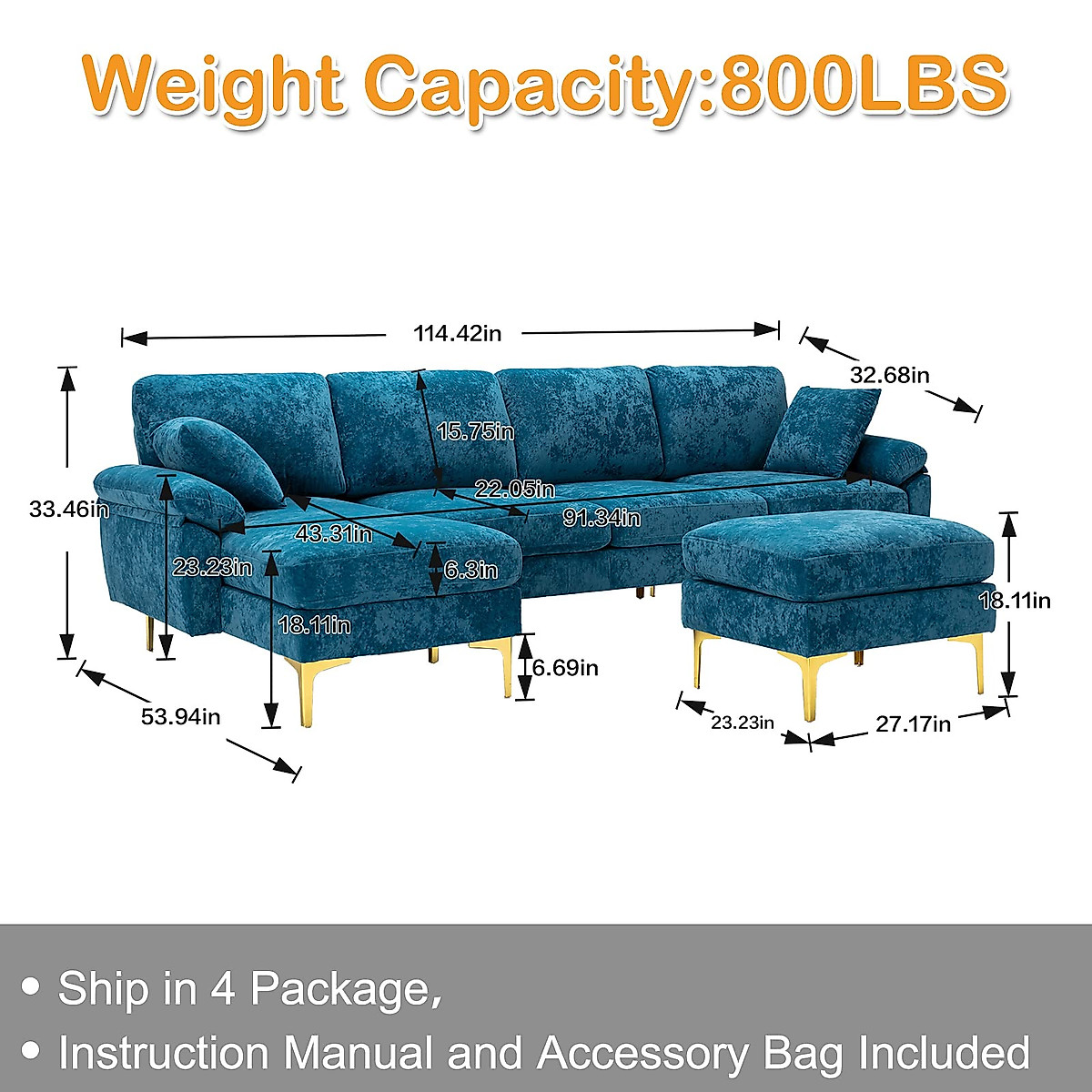 Pvillez Sectional Sofa with Chaise Lounge and Ottoman,Large Convertible Couches Set for Living Room,Plush Fabric L-Shape Couch with Golden Legs