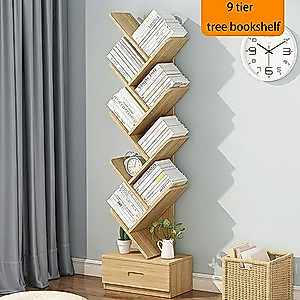 VERAMY 9 Tier Tall Bookshelf Tree Bookshelf with Drawer Corner Bookshelf Floor Standing Bookcase Large Capacity Bookshelf Utility Organizer Shelves for Living Room Bedroom