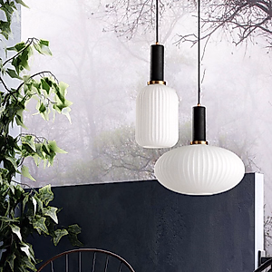 H XD GLOBAL Modern Pendant Lights, Black Lamp Holder Pendant Light Socket White Glass Pendant Lamp Shade,LED Hanging Light (Black, Medium)