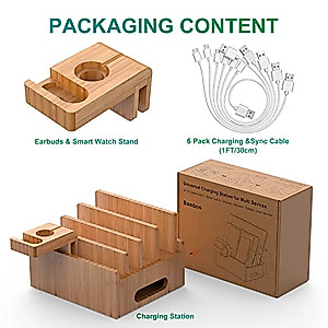 Pezin & Hulin Bamboo Charging Stations for Multiple Devices, Upgrade Desk Docking Station Organizer for Cell Phones, Tablet, Smart Watch & Earpods Stand (Includes 6 Cables BUT NO Power Supply Charger)