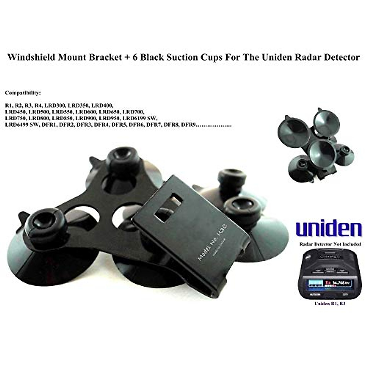 Improved Windshield Mount Bracket U3CBLK with 6 Black Suction Cups for Most Uniden Radar Detectors