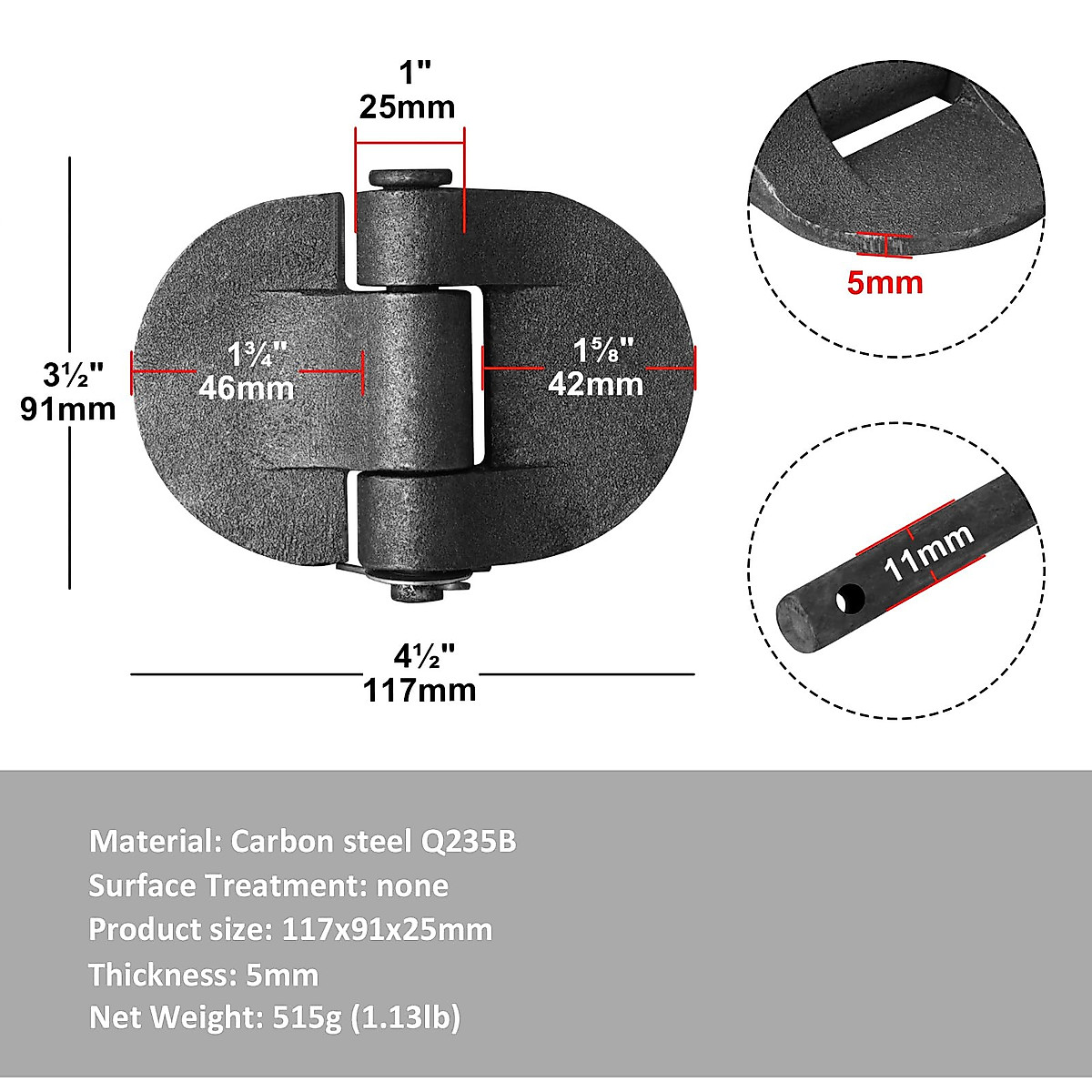 4 PCS 4-1/2"x 3-1/2" Weldable Heavy Duty Gate Hinges Folding Flip Round Edge Hinge with Removeable Pin, 180 Degree Weld on Hinges for Cabinet, Trailer Ramp Truck Cargo Gate Heavy Gates (5mm thickness)