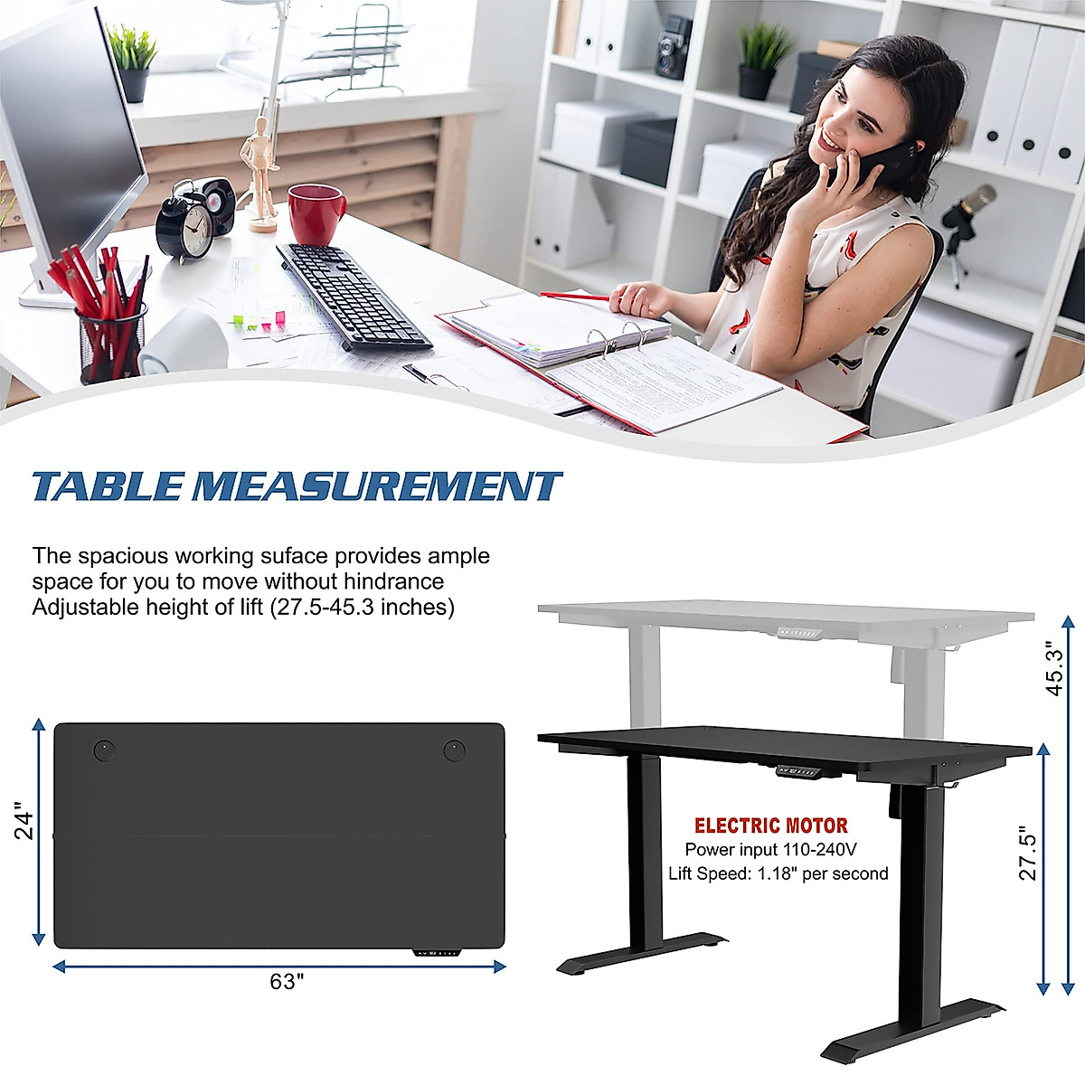 Walsunny Electric Height Adjustable Standing Desk, 63 x 24 Inches Splice Board, Sit Stand Up Computer Table with Memory Preset Controller for Home, Office,Black Frame/Black Top