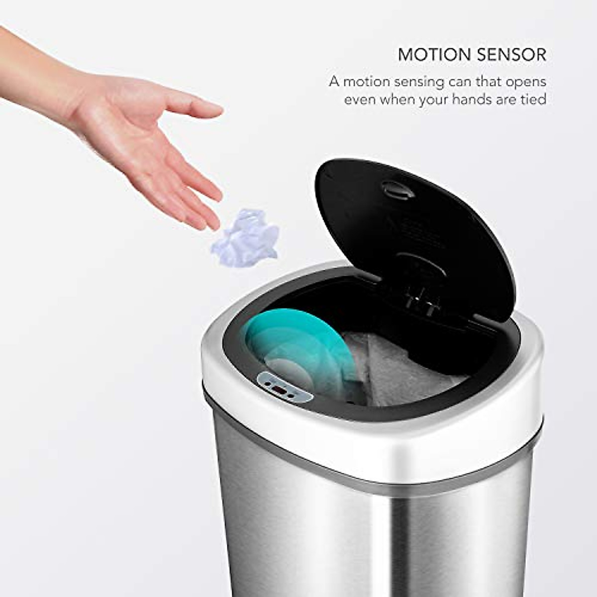 NINESTARS DZT-42-9 Automatic Touchless Infrared Motion Sensor Trash Can, 11 Gal 42L, Stainless Steel Base (Oval, Silver/Black Lid)