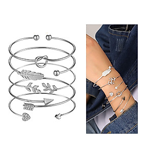 Softones 5pcs Bangle Silver Bracelets for Women Heart|Olive Leaf|Arrow|Feather|Knot Heart Open Cuff Bracelet Set Adjustable