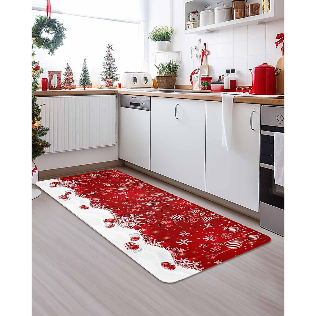LUSWEET Xmas Kitchen Mat 2 Piece Christmas Kitchen Rugs Non Slip Winter Snowflake Mats Soft Glitter Sparkle Kitchen Runner Rug Water Absorbent Red Floor Mat for Kitchen,Sink,Laundry 16"x24"+16"x47"