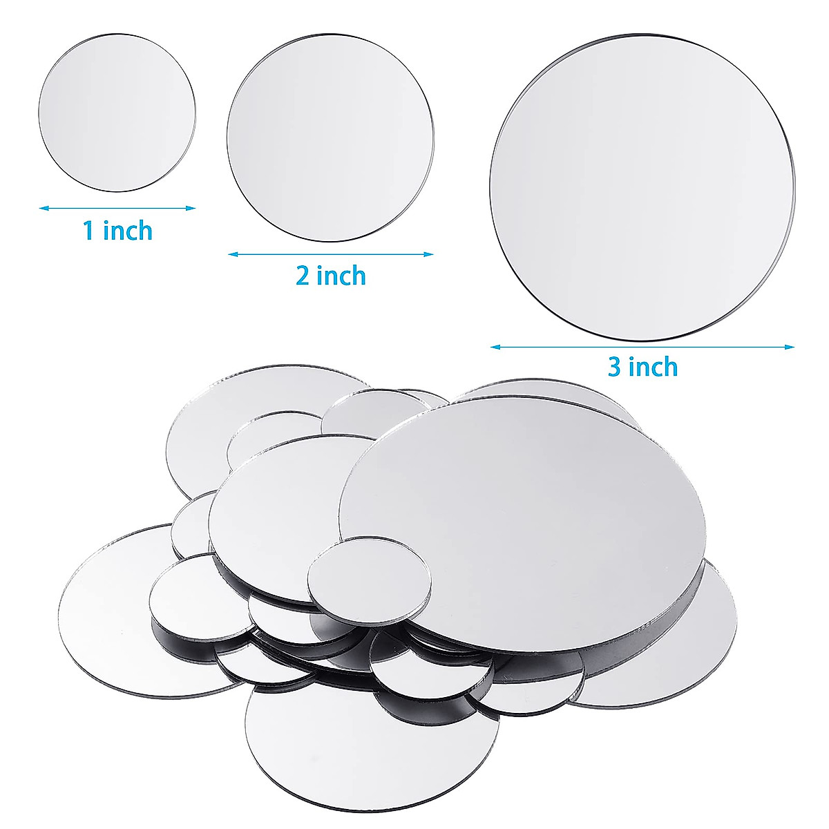 100 Pieces Mini Size Round Mirror Small Round Mirror Adhesive Mirror Round Craft Mirror Tiles for Crafts and DIY Projects Supplies, 1 Inch, 2 Inch, 3 Inch (Silver）