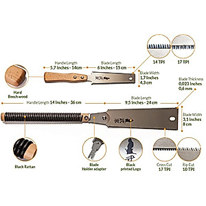 Set of 2 - Ryoba Japanese Pull Saw 9.5 Inch and Flush Cut Saw 6 Inch – Woodworking Tools Ryoba Table Saw – Steel Blades and Wood Handles, Handsaw 2 Cutting Edges– Japanese Hand Saw for Carpentry, DIY