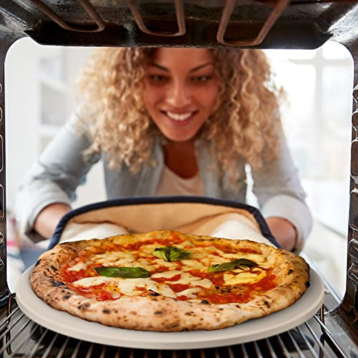 KitchenStar Pizza Stone 16 inch with Handles (Large) - Cordierite Baking Stone Set with Metal Rack & Plastic Scraper - High Temperature Resistant Ceramic Pizza Stones for Oven, Grill or Smoker