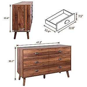 REHOOPEX 6 Drawer Dresser for Bedroom, Walnut Dresser with Chest of Drawers, Wood Storage Dresser with Wide Drawers for Closet, Entryway, Hallway, Living Room