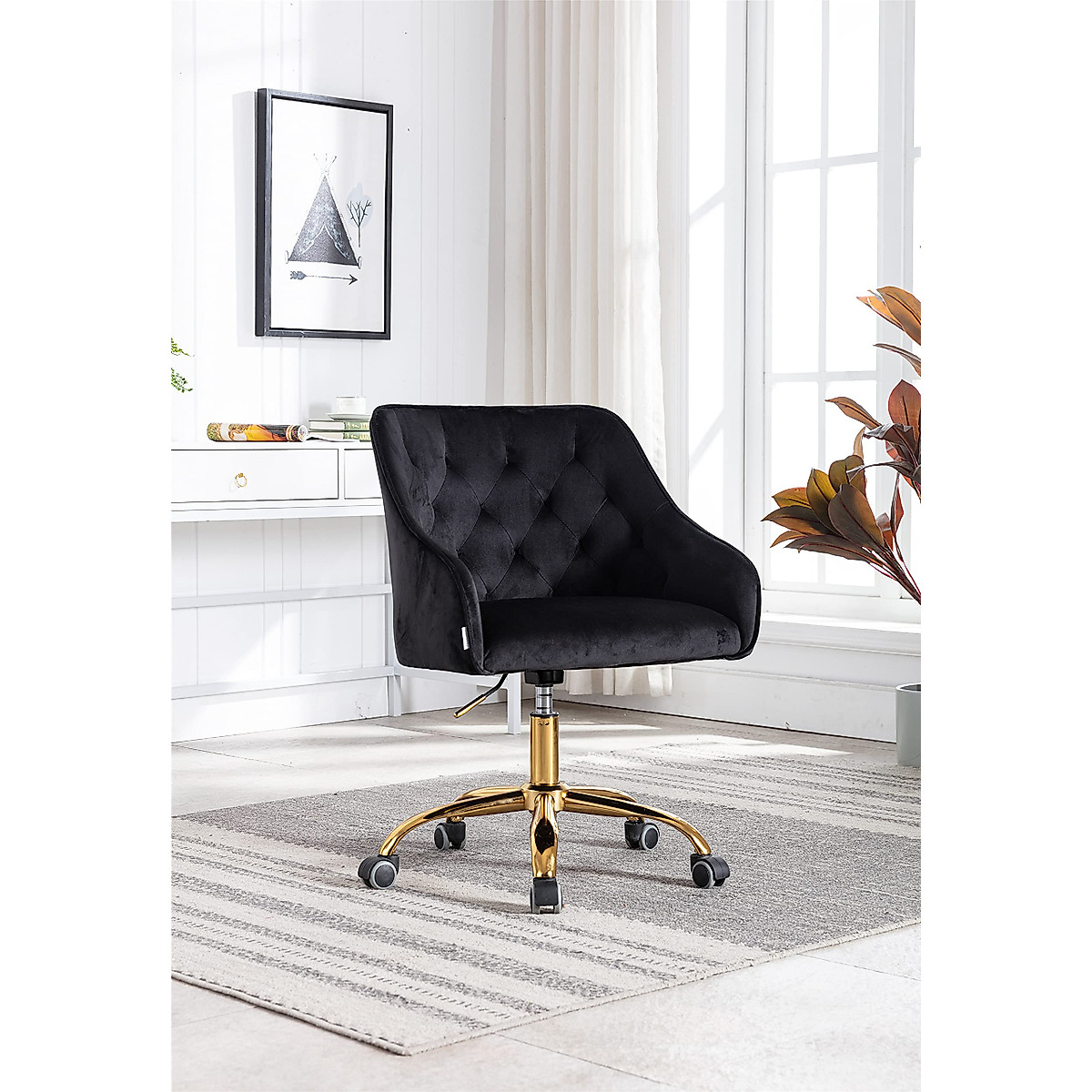 KUIKUI Velvet Desk Chair, Modern Office Chair, Wheels Swivel Height Adjustable Swivel Task Chair for Home Office,Black