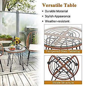 Tangkula 3 Pieces Patio Conversation Bistro Set, Outdoor Wicker Furniture w/Round Tempered Glass Top Table & 2 Rattan Armchairs, Bistro Chat Set w/Seat Cushions for Porch, Backyard, Garden (White)