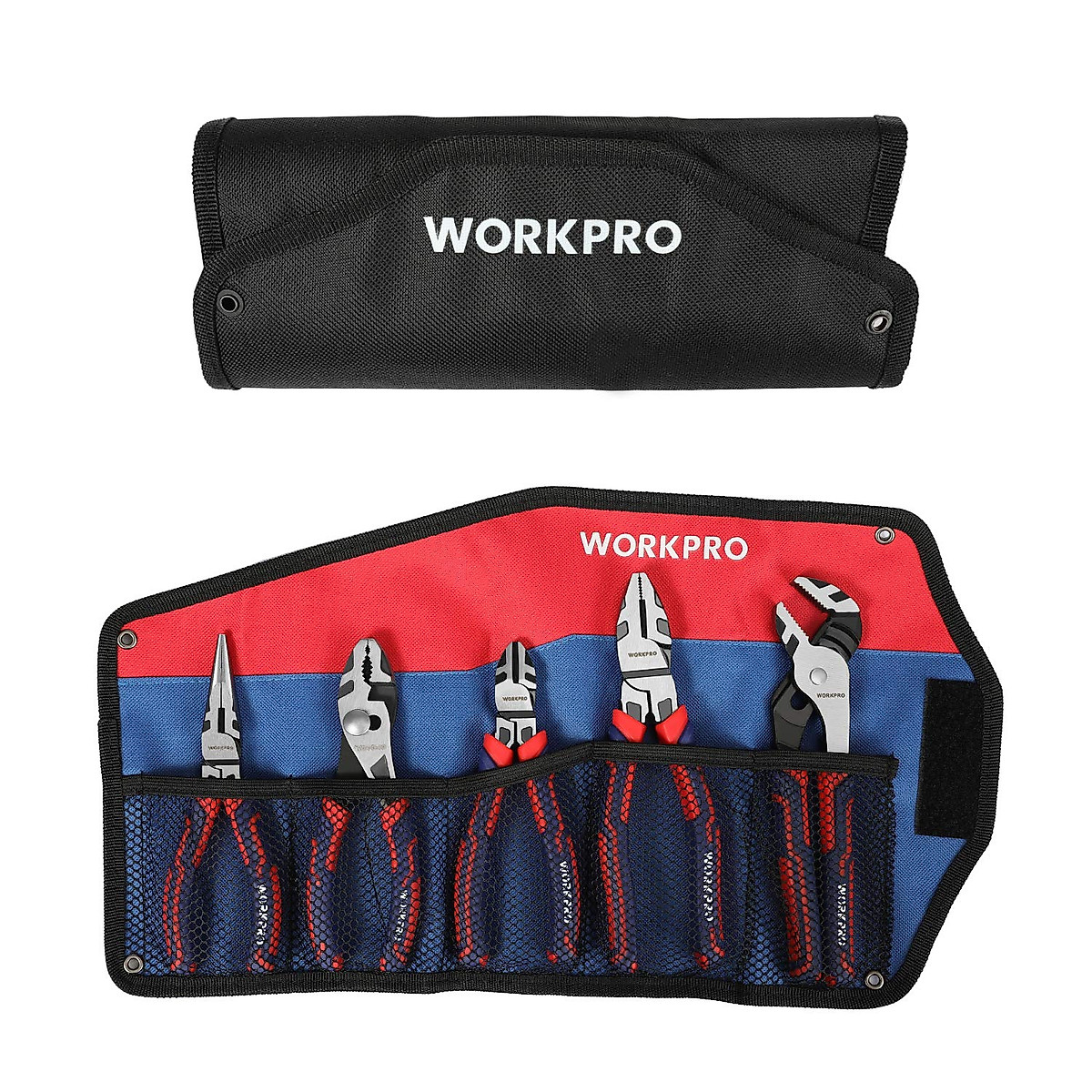 WORKPRO Pliers Set, Premium Cr-V Construction, Includes 6 Inch Slip Joint Pliers, 6 Inch Long Nose, 6 Inch Diagonal Cutting, 8 Inch Groove Joint, 7 Inch Linesman and Storage Pouch, for Basic Repair