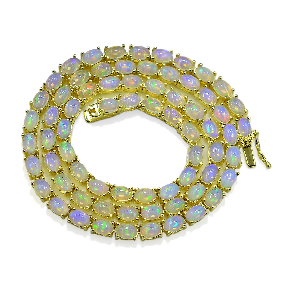 24.20 Carats Natural Ethiopian Welo Opal Cabochon Tennis Bracelet 925 Sterling Silver October Birthstone Jewelry Birthday Gift Love and Friendship Gift For Girlfriend Gift For Her (18 Inches, Sterling Silver)