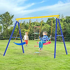 Swing Set for Backyard, 3 in 1 Metal Kids Swing Sets with 2 Pack Swings Seats and Climbing Ladder Playset for Children and Adult Indoor Outdoor Activity Playground Park