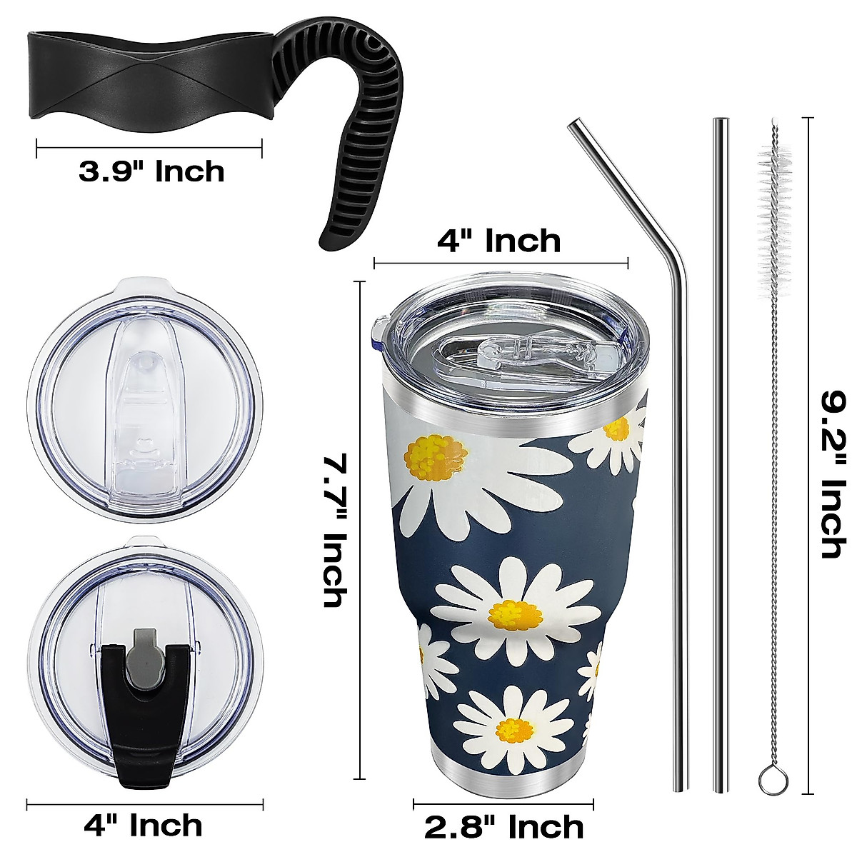 WETOWETO 30 oz Tumbler Stainless Steel Vacuum Insulated Coffee Cup with Handle, Double Wall Vacuum Coffee Tumbler for Hot and Cold drinks, Suitable for Beach, Travel (Daisy Flower, 1 Pack)