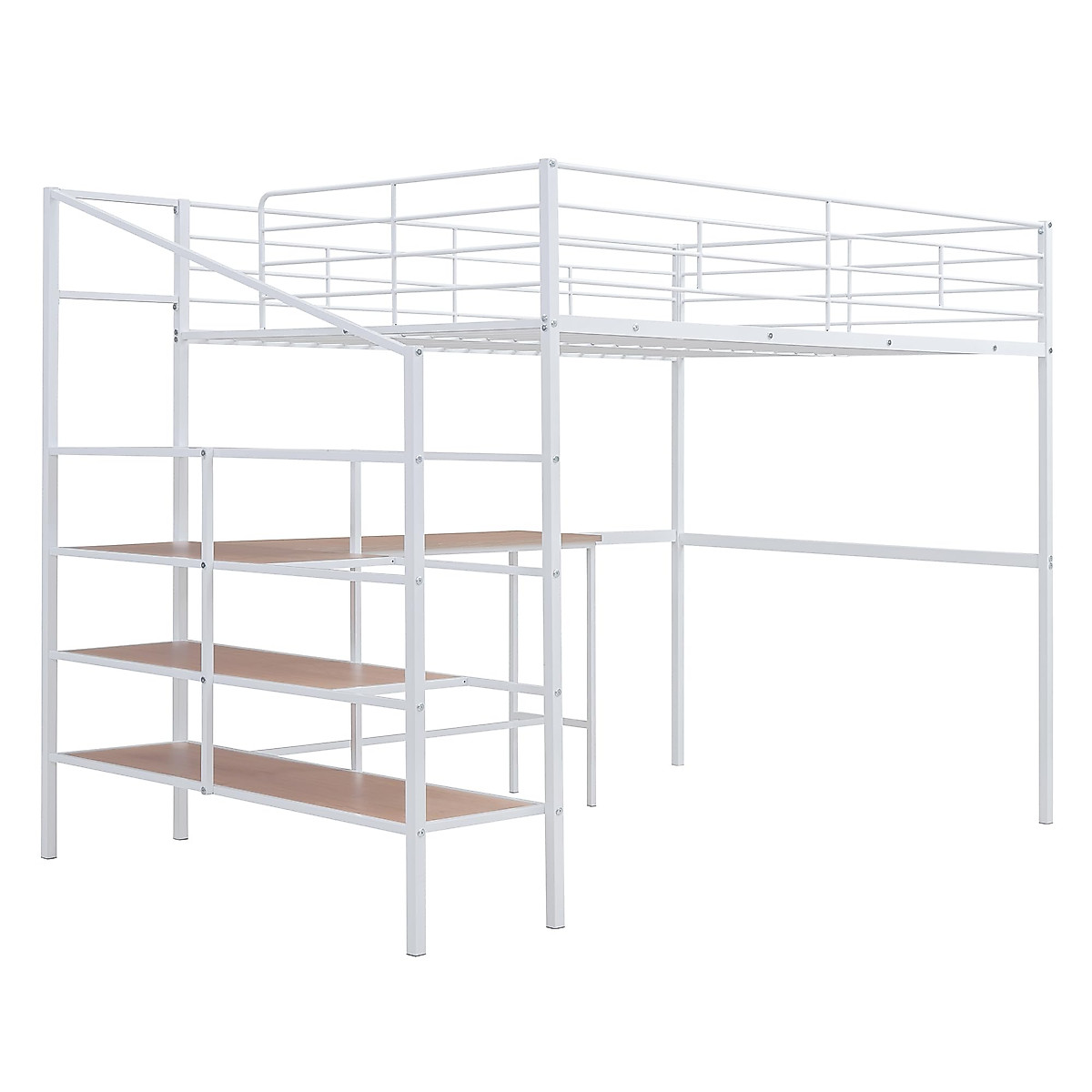 FANYHOME Metal Loft Bed, Full Size Metal Loft Bed with Desk and Lateral Storage Ladder, Modern Loft Bed for Kids Teens, Easy Assembly, Maximize Space Saving (White)