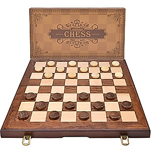 AMEROUS Wooden Chess & Checkers Set with Upgraded Weighted Chess Pieces, 15 Inches (2 in 1) Chess Board Games for Kids, Adults w/ 2 Extra Queens / 24 Cherkers Pieces/Gift Package