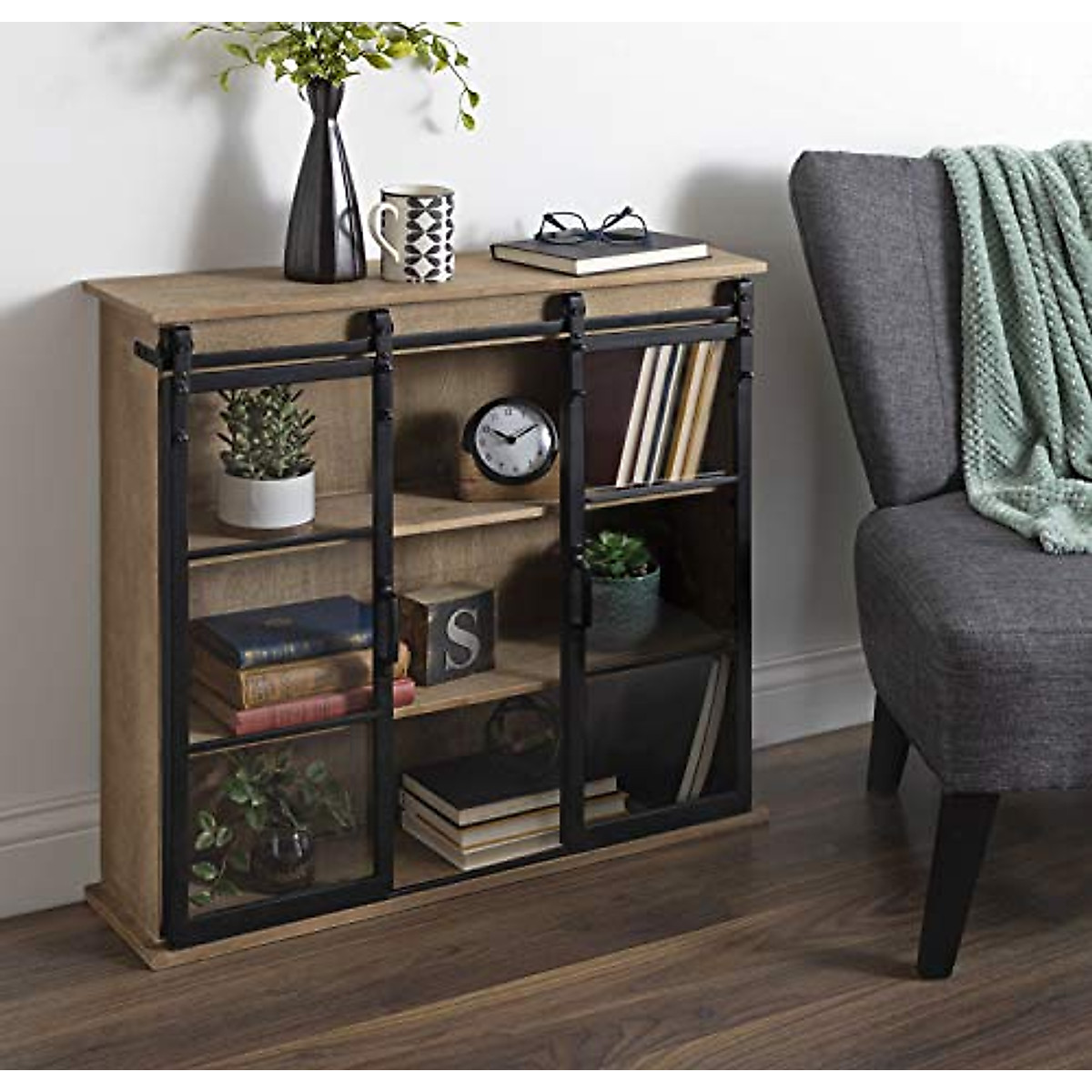 Kate and Laurel Barnhardt Decorative Wooden Wall Cabinet with Two Sliding Glass Doors, 30" x 28", Rustic Brown, Barndoor Modern Farmhouse Storage