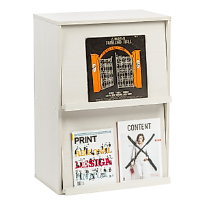 IRIS USA 2-Tier Wooden Shelf with Pocket Doors, Stylish Stackable Shelving Unit with 2 Retractable Flap Doors for Additional Photo Record Picture Storage, Off White