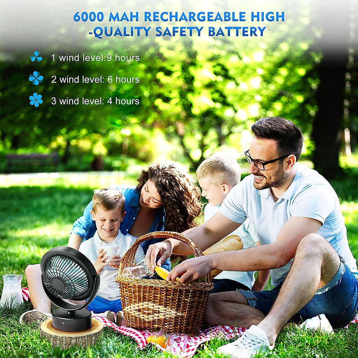 KMU Camping Fan with LED Lights 6000mAh Rechargeable Battery Operated Fan, Portable Personal Small Desk Fan, Tent Fan with Retractable Hook for Camping, Fishing, Picnic, Bedroom, Home, Office...