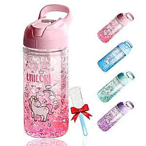 OOTD Unicorn Water Bottle for Girls, Cute Girl's Bottles for School, Unicorn Water Bottle with Straw and Safety lock, 400ML/13.5oz Kids Water-Bottles for School's Kids Girlss, Pink