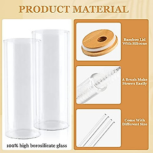 Glass Cups with Lids and Straws, 20 OZ Drinking Glasses with Bamboo Lids, Can Shaped Glass Cups, Reusable Clear Iced Coffee Cups for Smoothie, Juice, Milk, Whiskey, Soda, Tea, Water- 2 Pack