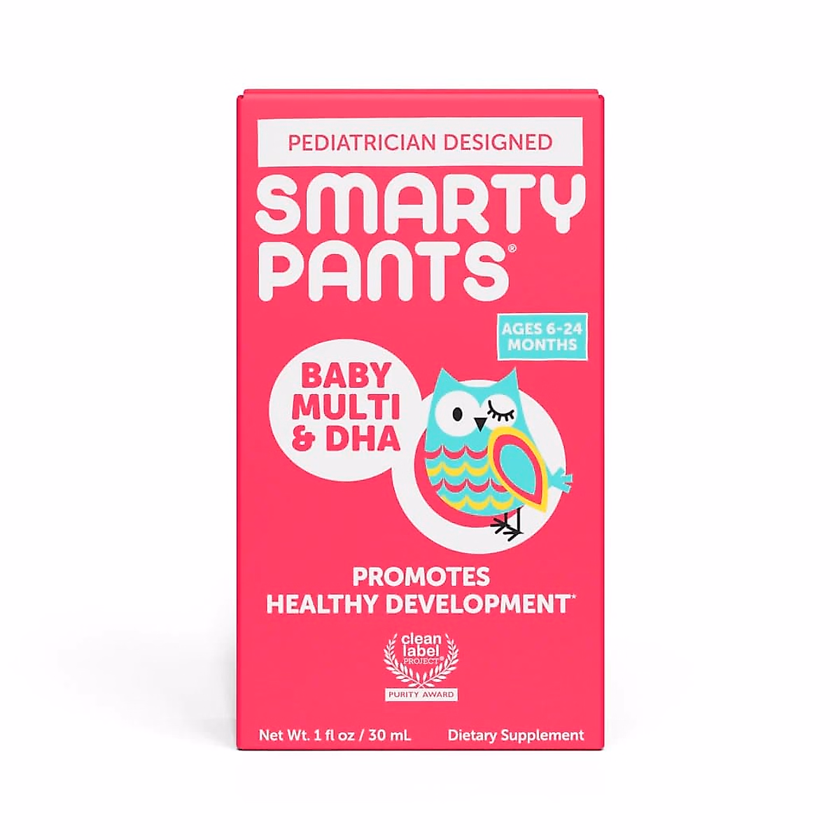 SmartyPants Baby Multi&DHA Supplement:Liquid Multivitamin with Vitamin D3, C,Vitamin B6,Biotin,Choline & Lutein, for Infants 6-24 Months,Gluten Free,Natural Fruit Flavor,30 Servings(Package May Vary)