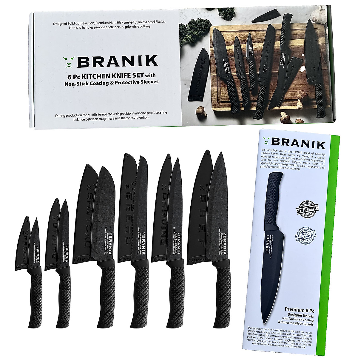 BRANIK 6Pc Black Kitchen Knife Set with Protective Sheaths & Giftbox, Premium German Steel with Special Non-Stick Coating making them Dishwasher Safe. Sharp black knives set for kitchen Knife set.